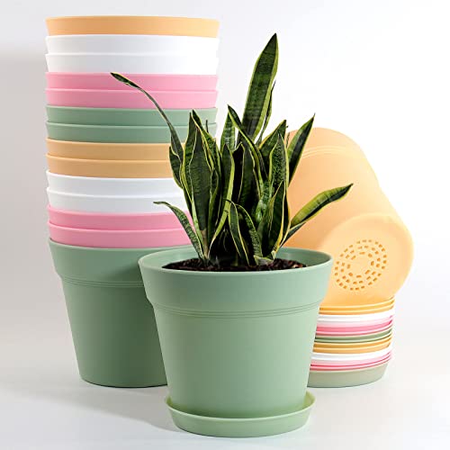 WOUSIWER 16 Pack 6 inch Plastic Planters, Plastic Indoor Planter Flower Pots, Heavy Duty and Stylish 6 Inch Plant Pots for Indoor Plants with Drainage Holes and Tray for Plants, Flowers, Colorful