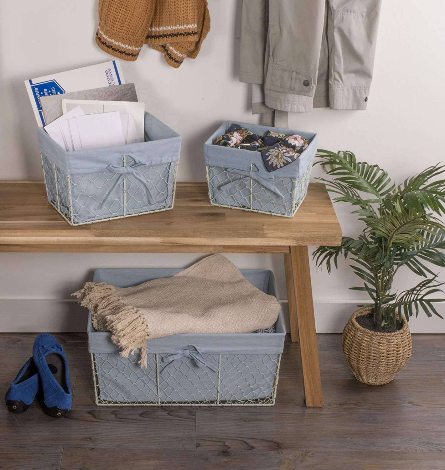 DII Farmhouse Chicken Wire Egg Basket, Storage Baskets with Liner, Denim, 16x12x7.88"