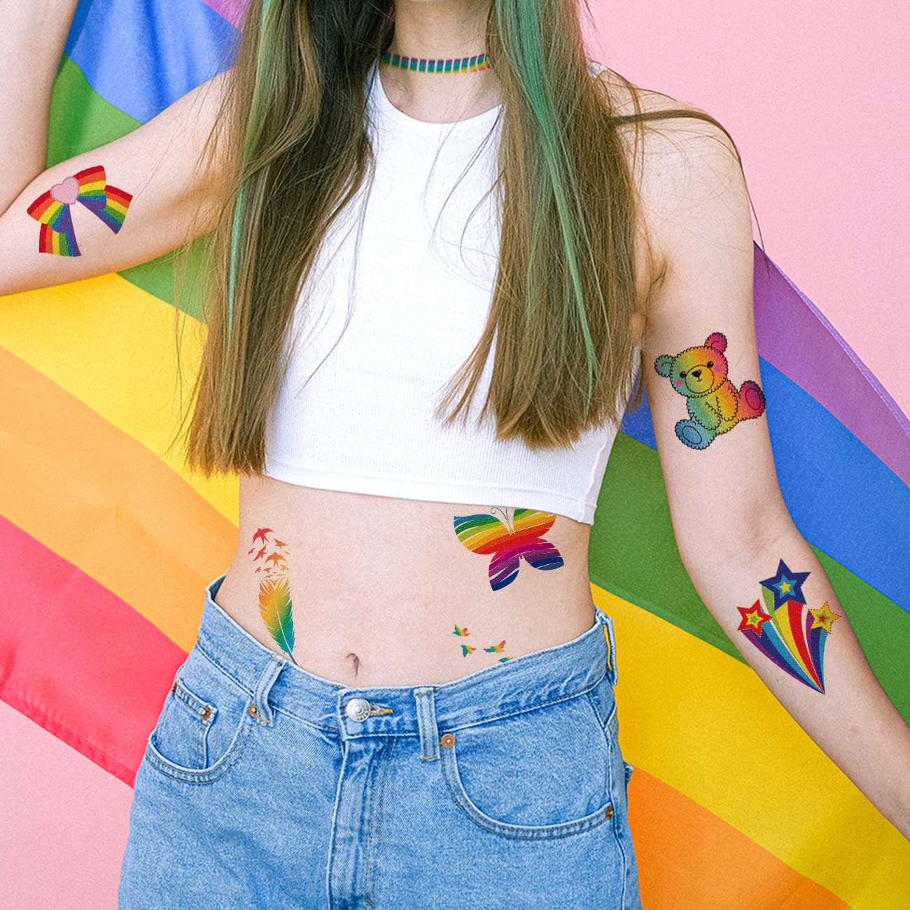 CHARLENT Glitter Rainbow Temporary Tattoos - 140 PCS Glitter Pride Tattoos Butterfly Heart Rainbow Tattoos for Pride Party Favors