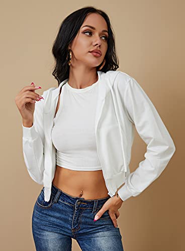 milanpavilion Women's Zip Up Hoodies White Cropped Cardigan Jacket Drawstring Hooded Sweatshirts Casual Long Sleeve Top