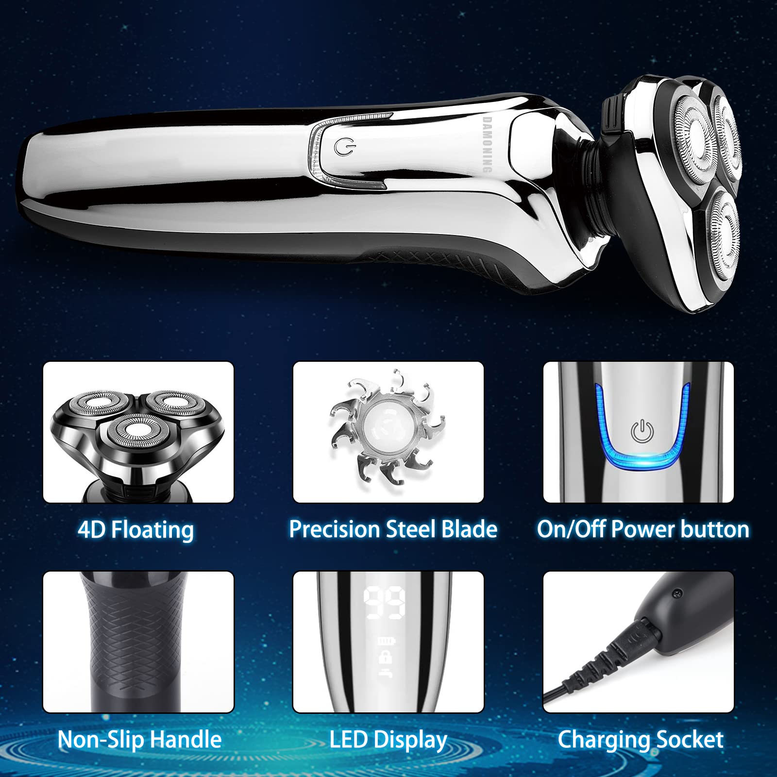Electric Shaver for Men, Electric Razor Rotary Shavers Kit Wet & Dry LED Time Display IPX7 Waterproof Beard Trimmers with Travel Pouch