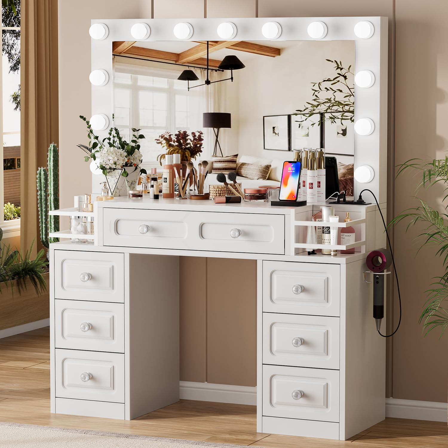 FURNJOYLIFE Farmhouse Makeup Vanity Desk with Lighted Mirror & Power Outlet, Vanity Dresser Table with 3 Lighting Modes Brightness Adjustable,7 Drawer,2 Shelves,Hair Dryer Stand for Bedroom,White