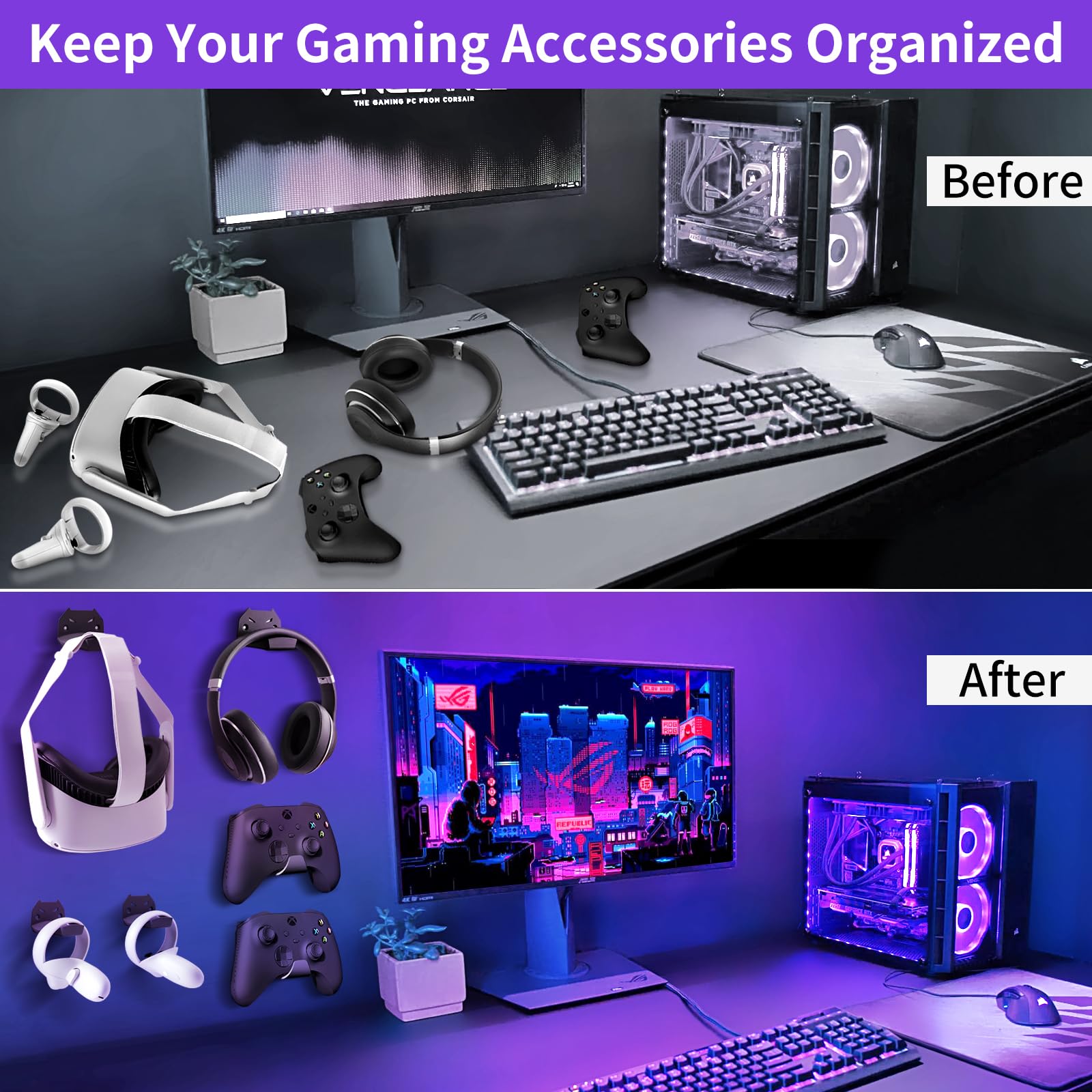 BracNova Headphone Hanger Holder Wall Mount-Steel Storage Stand Hook for Universal VR Headset and Controller(Black Headphone Hook with Premium Silicone Cradle)