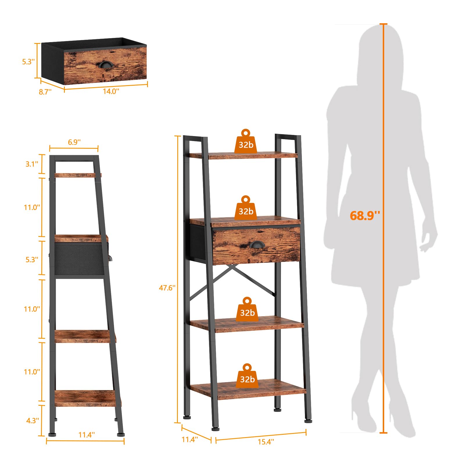 Furologee 4 Tier Ladder Shelf, Narrow Ladder Book Shelf with Drawer, Modern Bookcase Freestanding Shelf Units, Storage Shelves Organizer for Bedroom, Living Room, Bathroom, Home Office, Rustic Brown