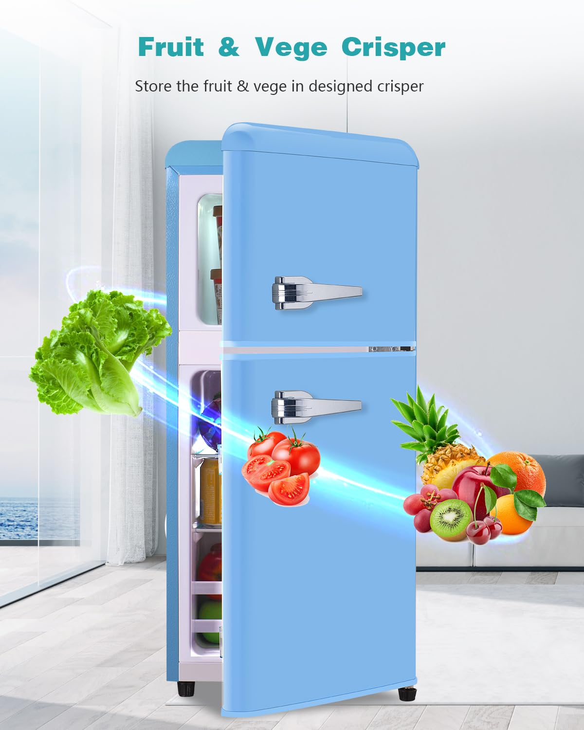 EUASOO FLS-80-Blue 3.5Cu.Ft Compact Refrigerator, Small Refrigerator with freezer, Retro Fridge with Dual Door, 7 Level Adjustable Thermostat for Garage, Dorm,Bedroom, Office, Apartment
