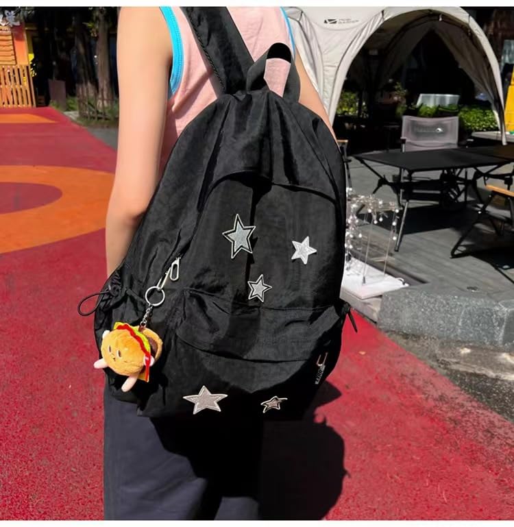 Kawaii Backpack with Cute Accessories Simple Modern Star Pattern Backpack Big Capacity Backpack (Black)