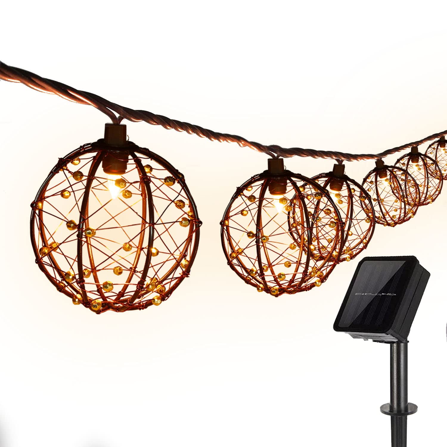 Solar Rattan Ball String Lights Outdoor Waterproof 8.5ft Led Decorative Light with Beaded Copper, Rattan Ball Outside Lighting for Christmas, Patio,Party, Backyard, Porch, Garden, Balcony, Warm White