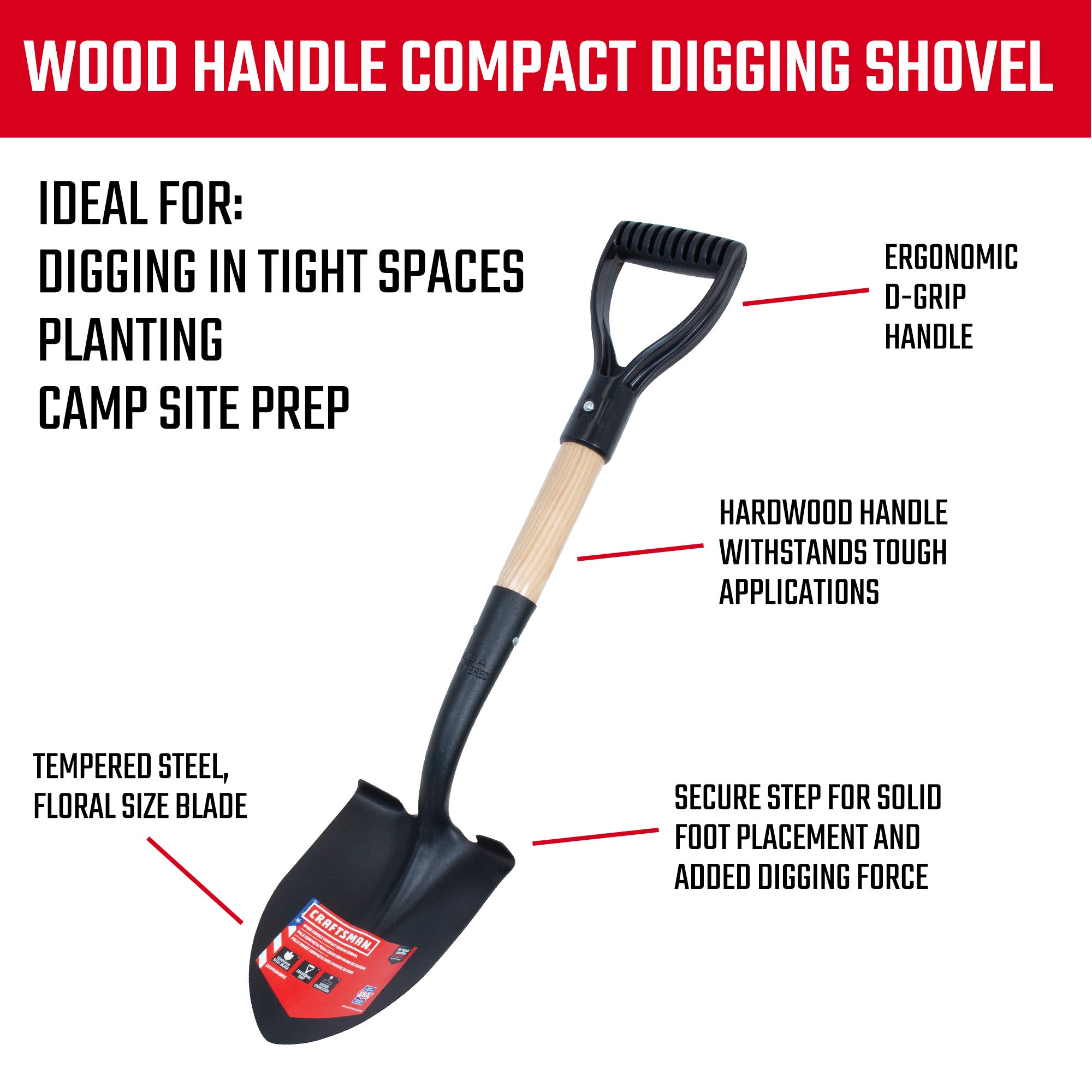 CRAFTSMAN CMXMKIT0120 3-Piece Wood Handle D-Grip Digging Tool Set with Compact Shovel, 4-Tine Fork and Round-Point Shovel