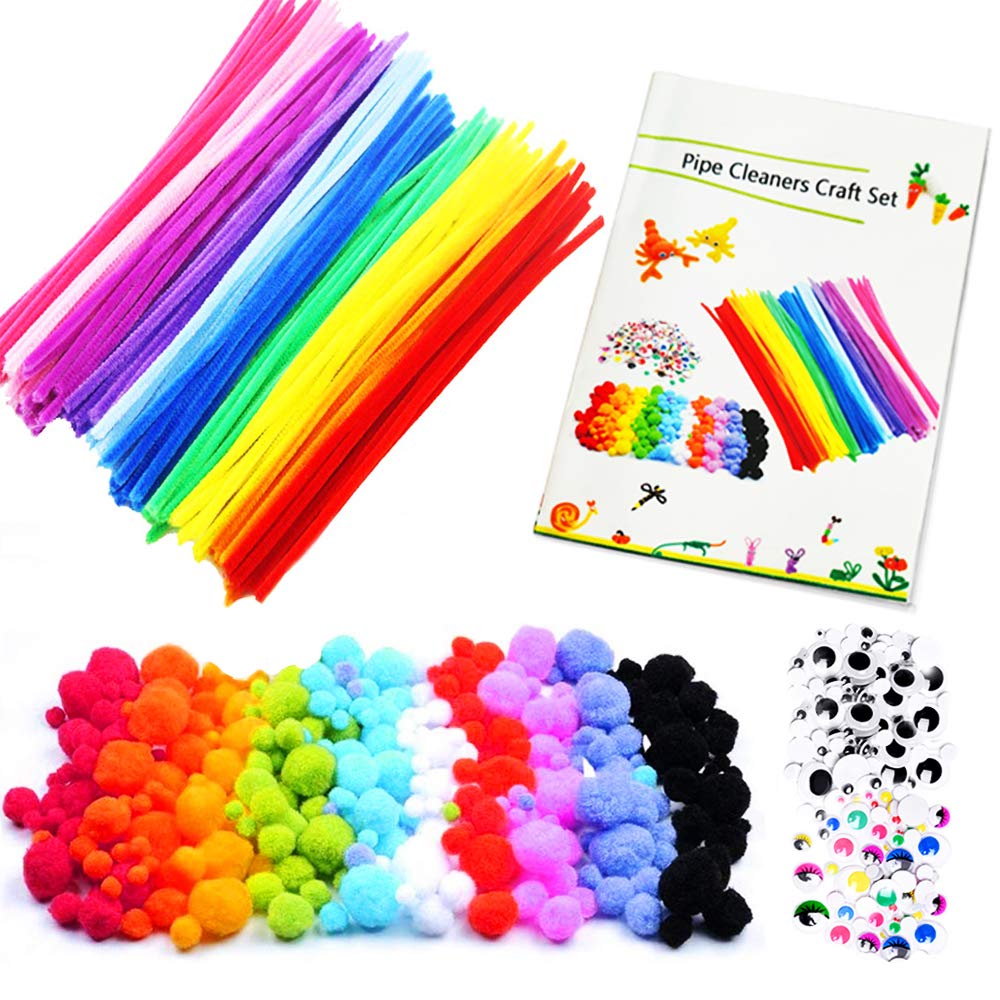 Pipe Cleaners Craft Set with DIY Tutorial, Included 200Pcs Pipe Cleaners, 200Pcs Pom Poms, 200Pcs Self-Sticking Wiggle Googly Eyes, Assorted Colors and Assorted Sizes for DIY Art Craft