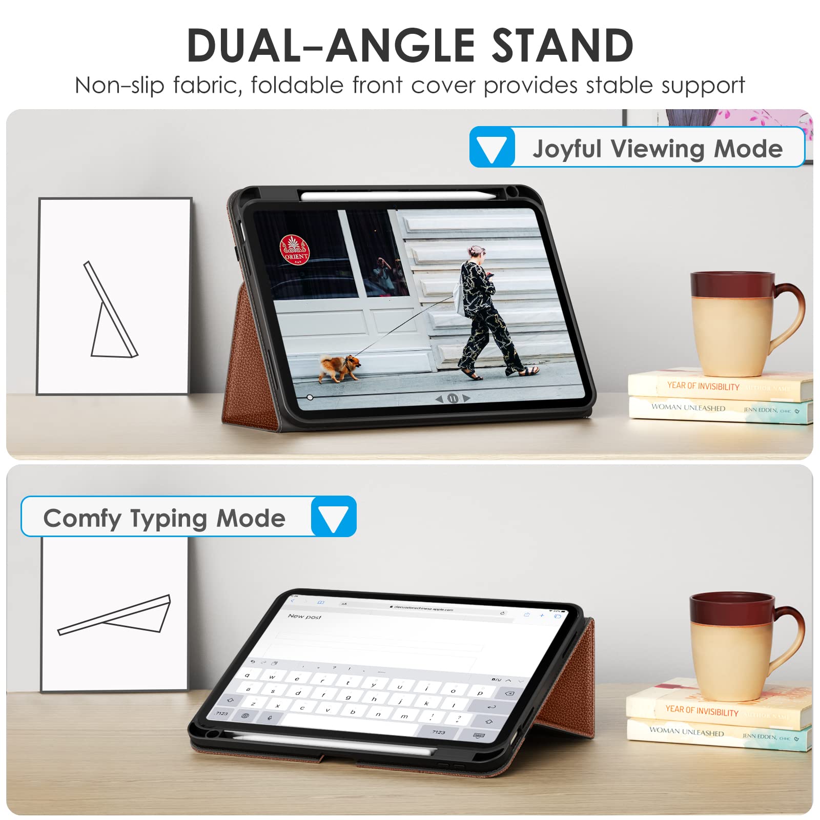 DTTO Folio Case for iPad 10th Generation - [Built-in Pencil Holder] Premium Vegan Leather Stand Folding Cover for iPad 10.9 Inch 2022, Auto Wake/Sleep, Brown