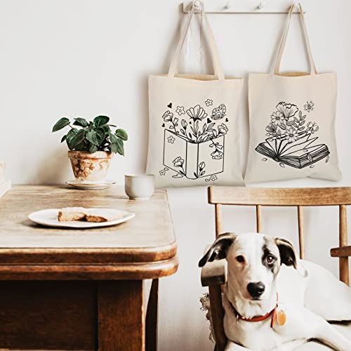 Oudain 4 Pcs Cat Tote Bag for Women Floral Book Space Mushroom Canvas Tote Bag Bulk Cute Aesthetic Library Shoulder Tote Bag (Floral)