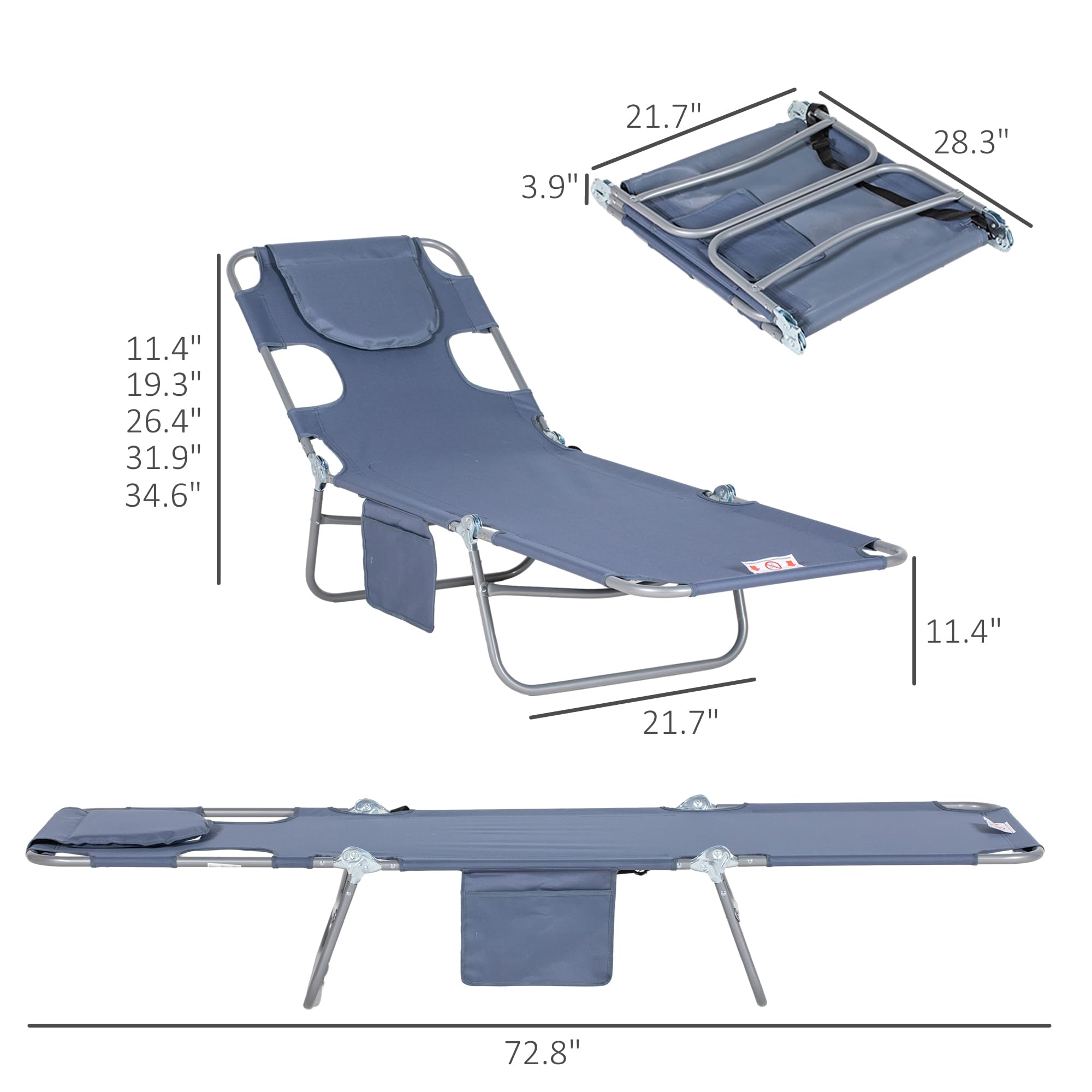 Outsunny Folding Beach Lounge Chair with Face Hole and Arm Slots, 5-Level Adjustable Sun Lounger Tanning Chair with Pillow for Patio, Garden, Beach, Pool, Gray