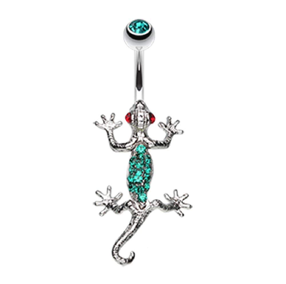 Covet Jewelry Moving Gecko Lizard Sparkle Belly Button Ring (14 GA, Length: 10mm, Green)