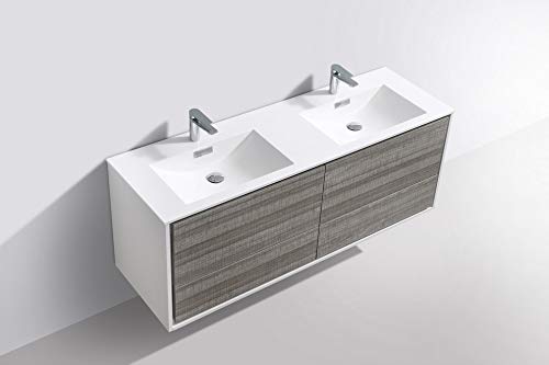 Kube DL60D-HGASH DeLusso 60" Double Sink Ash Gray Wall Mount Modern Bathroom Vanity