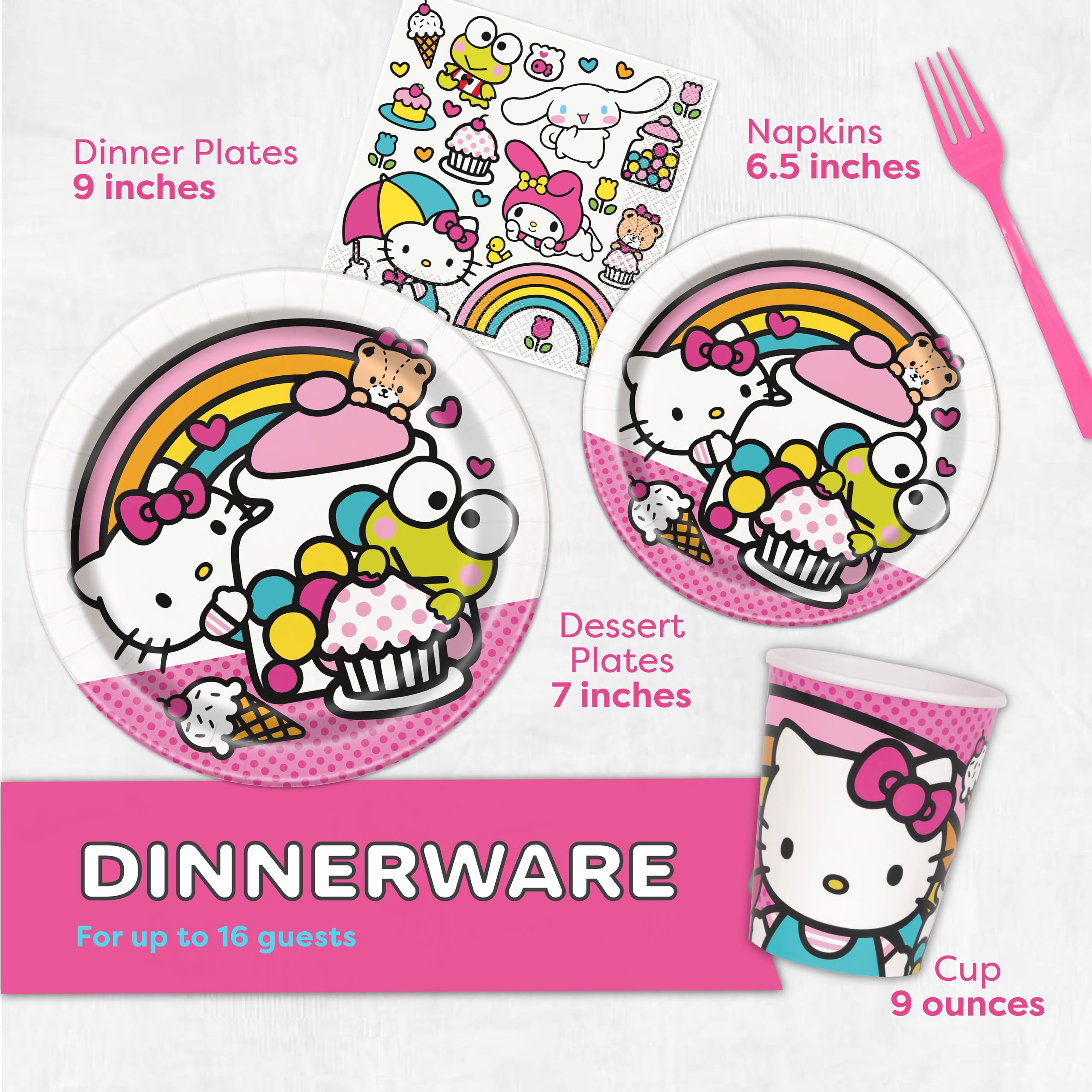 Hello Kitty Birthday Decorations & Party Supplies | Hello Kitty Plates, Cups, Napkins, Tablecloth, Forks, Sticker | Serves 16 Guests | Officially Licensed