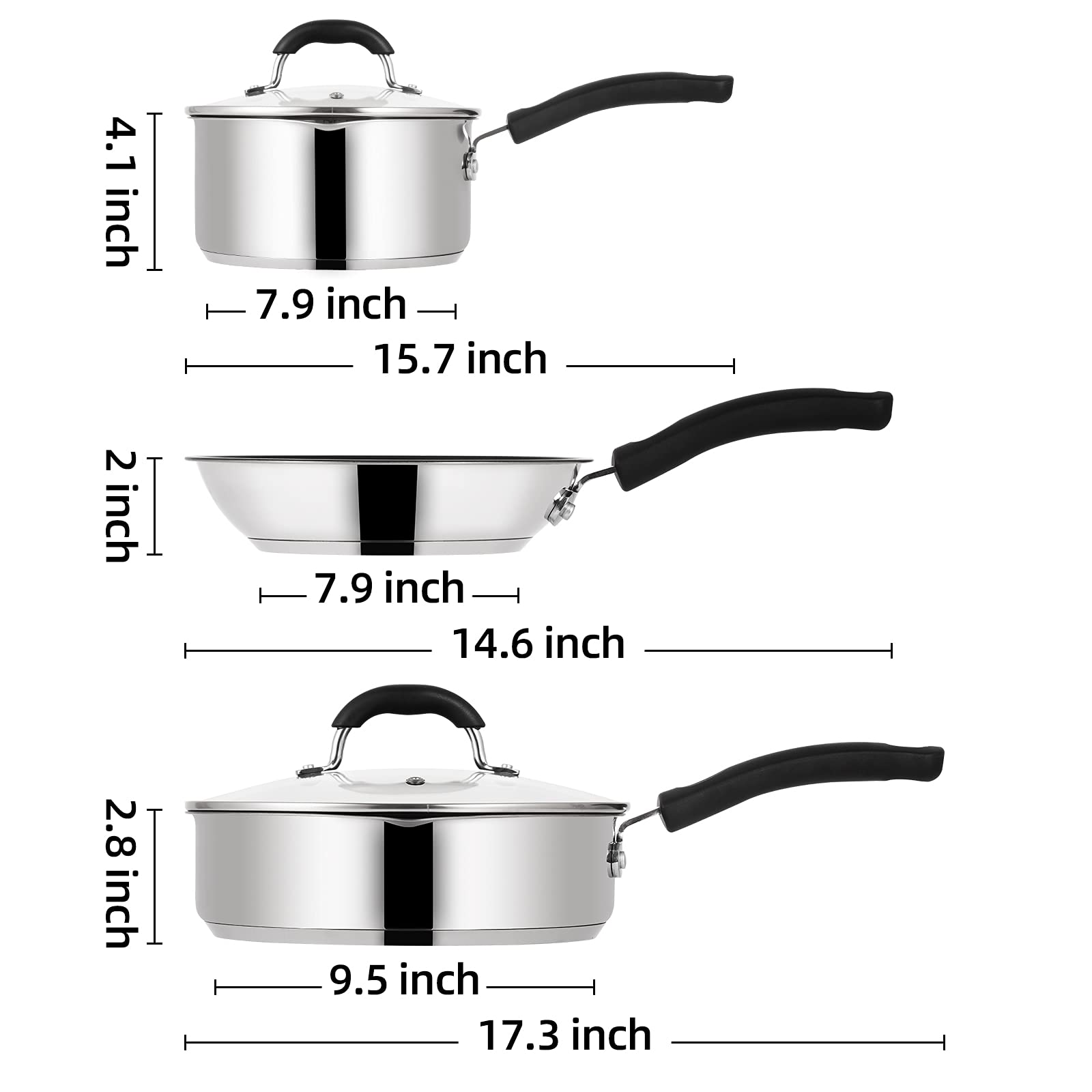 EPPMO Nonstick Stainless Steel Cookware Set, Pots and Pans, Stay Cool Bakelite Handle, 7 Piece