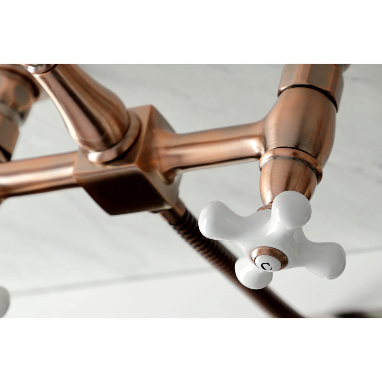 Kingston Brass KS1248PXBS Heritage Wall Mount Bridge Kitchen Faucet Sprayer, Antique Brass