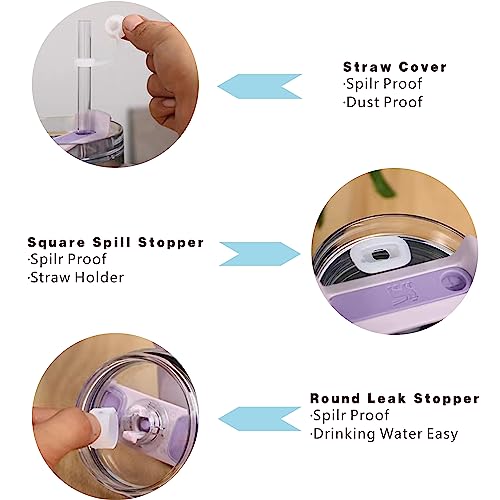 Silicone Spill Proof Stopper Toper Cover Set of 3, Compatible with Stanley Cup 40oz/ 30oz, Tumbler Accessories, Including 2 Straw Cover Cap, 2 Square Spill Stopper and 2 Round Leak Stopper
