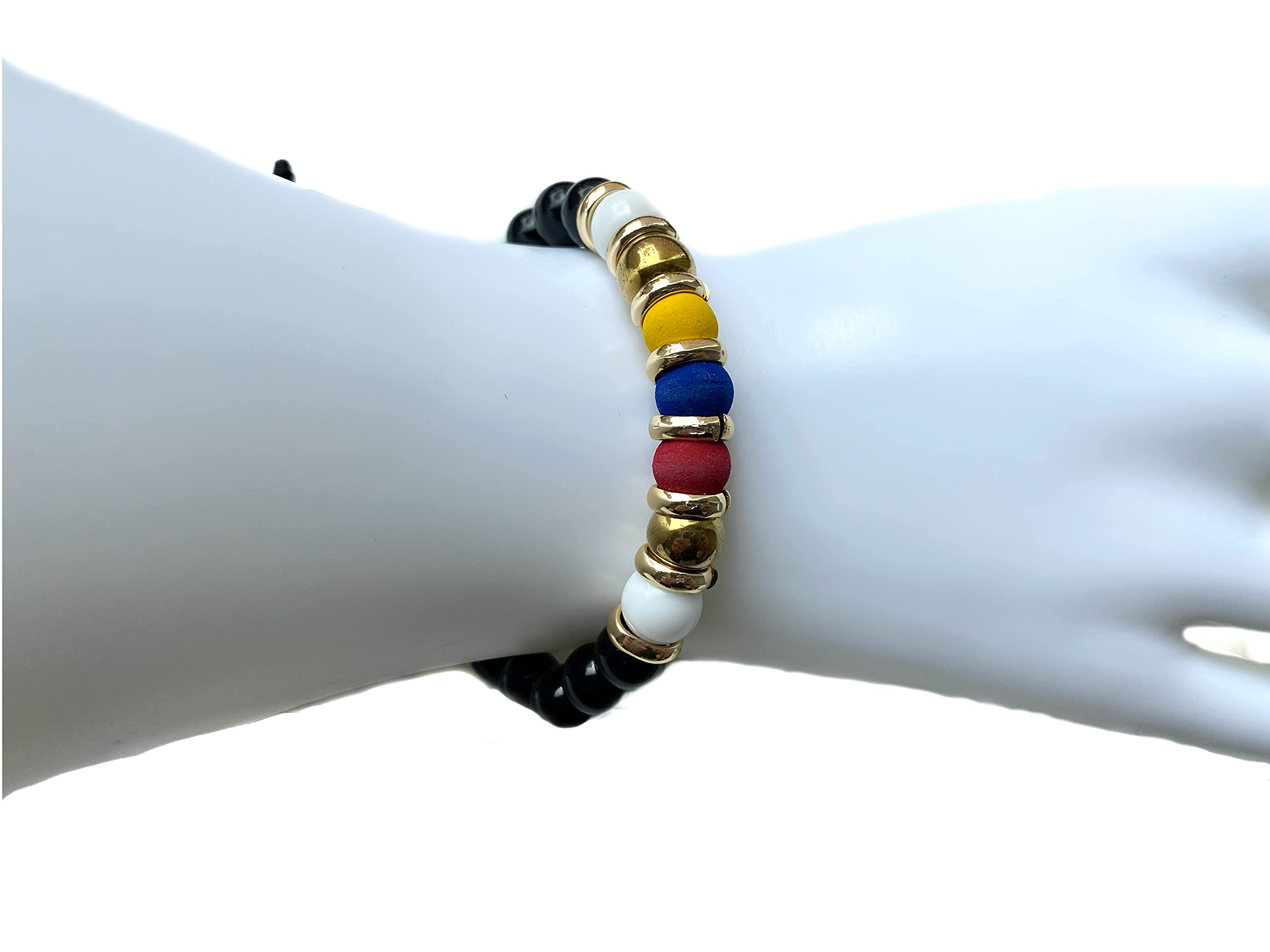 CharmsOfTheWorld Handmade Bracelet from Medellin - Colombia Flag Colors - Cat's eye gemstone and steel beads - Sliding Knot