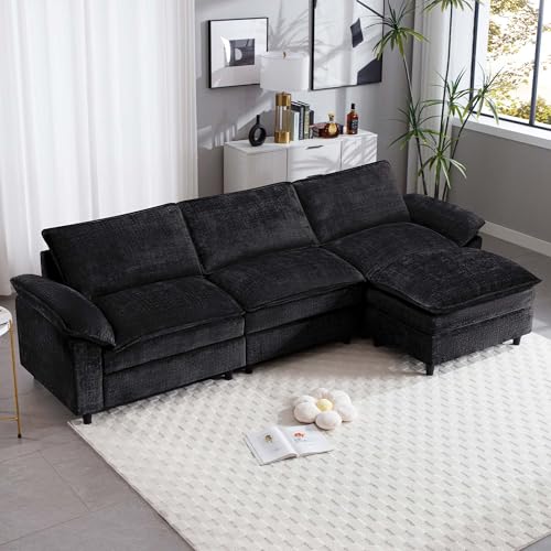 GNIXUU Modular Cloud Couch Sectional Sofa with Ottoman, 113.5" Oversized Comfy 4-Seat Black L Shaped Couch Set for Living Room, Chenille Sectional Sleeper Sofa with Soft Armrest & Cushion,