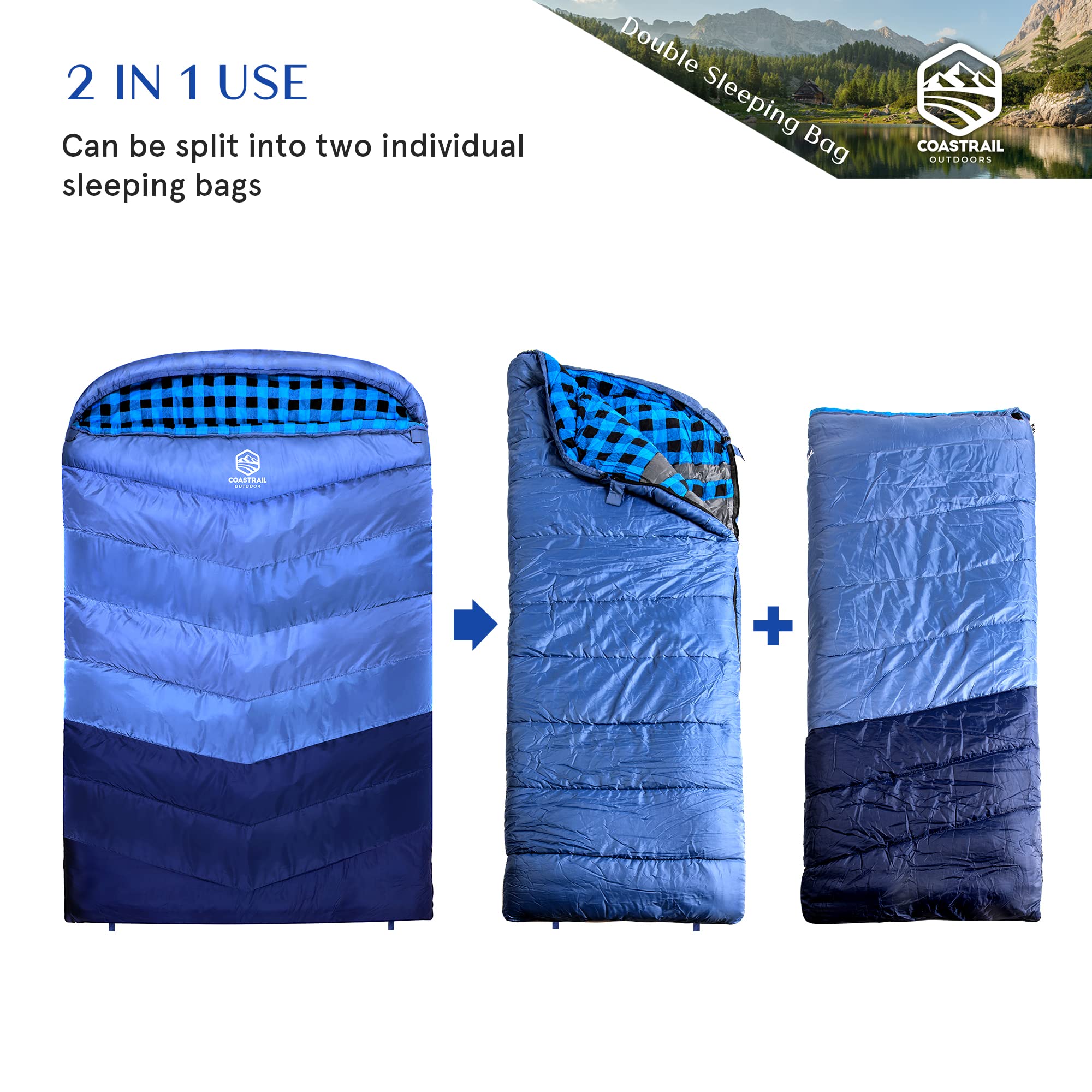 Coastrail Outdoor Double Sleeping Bag Queen-Sized for Adults Couples, 0F Degree XL Three-Zone Thickened Design Warm and Comfortable for Camping 3-4 Seasons Cold Weather with Compression Sack, Blue