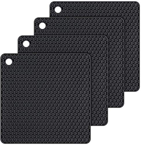 Silicone Trivets Mats, Silicone Hot Mats Set, Silicone Hot Pads, Silicone Pot Mat for Countertop, Trivet Pads Heat Resistant, Table Placemats, Square Small Drying Mats, 4 Pack, Black Trivets
