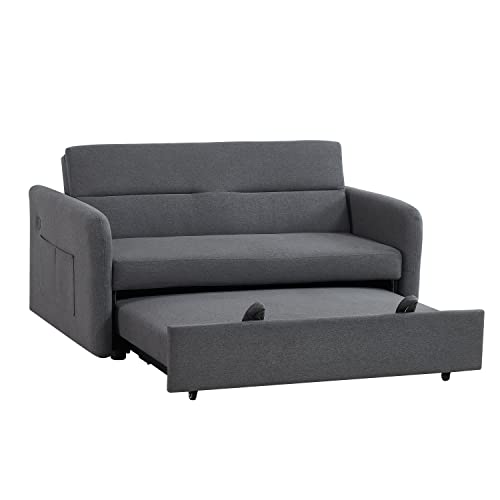 FIQHOME 55.5" USB Ports and Side Pockets,3 in 1 Multi-Functional Convertible Sleeper 2 Lumbar Pillows,Loveseat Sofa with Pull Out Bed,for Living Room, Apartment(Grey)