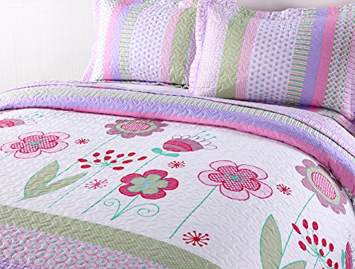 MarCielo 3 Piece Kids Bedspread Quilts Set Throw Blanket for Teens Girls Bed Printed Bedding Coverlet, Full Size, Purple Floral Striped (Full)