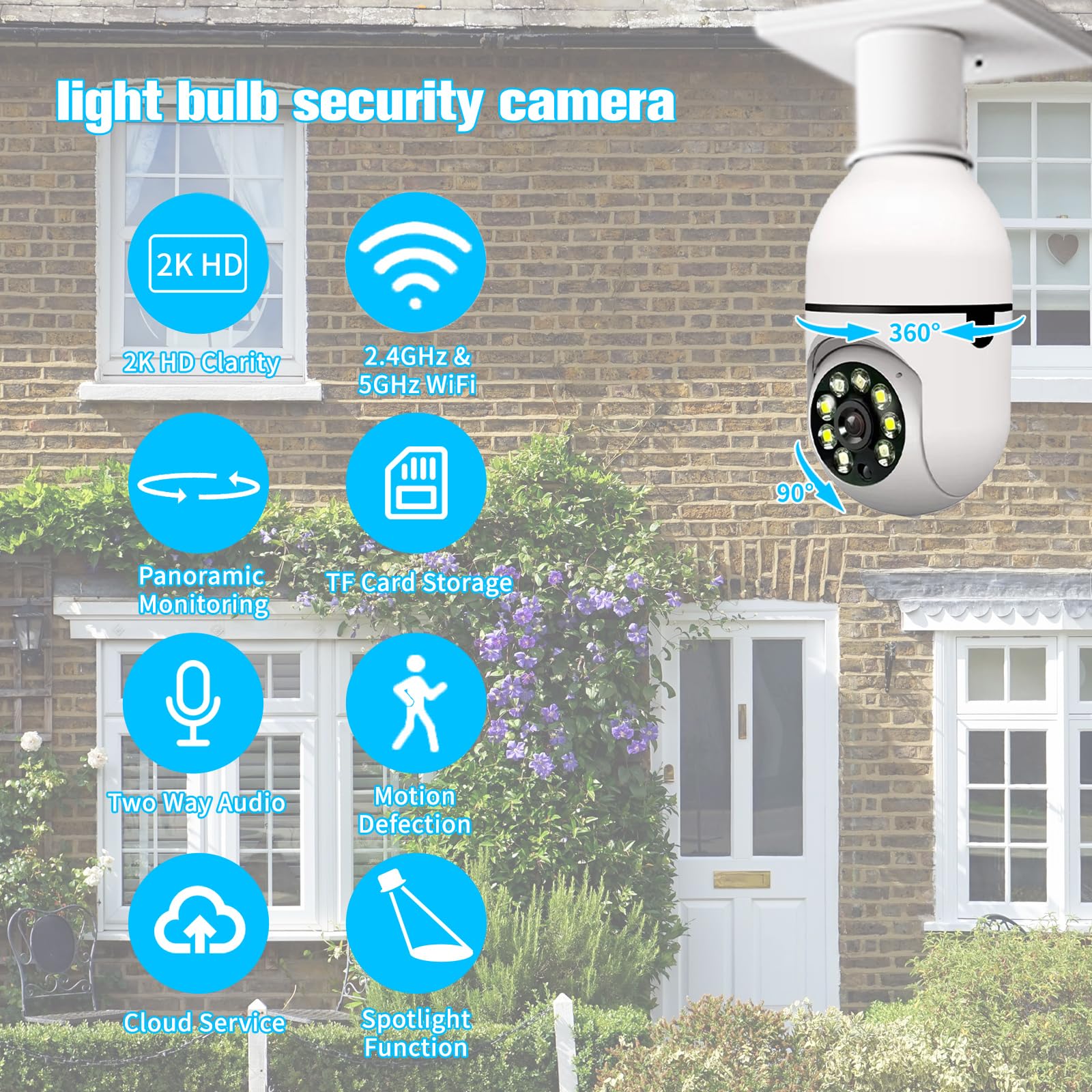 GuFamily Light Bulb Security Camera 2K 2.4GHZ / 5GHz WiFi Camera with Night Vision, Remote Control Outdoor Camera Motion Detection & Tracking Surveillance Cam for Baby and Pet, Cloud & SD Card Storage
