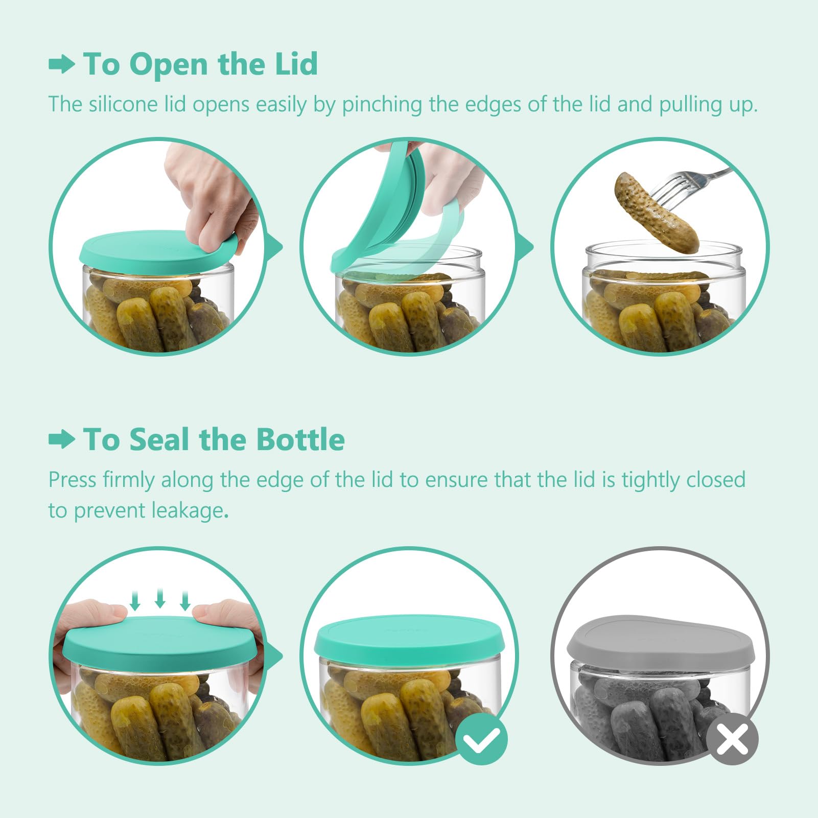 ForTidy Glass Pickle Jar with Strainer Flip - Airtight Olive Container with Silicone Lids, 50.72oz Kitchen Organization Must-Have Versatile Hourglass Jar, BPA-Free, Dishwasher Safe (Green)