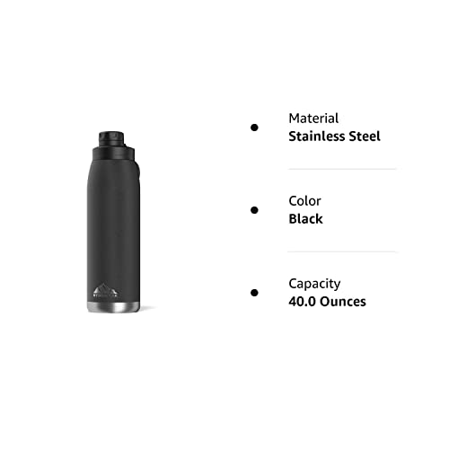 Hydrapeak 40 oz Insulated Water Bottle with Chug Lid - Leak Proof and Spill Proof Double Walled Vacuum Insulated Stainless Steel Water Bottles, Cold for 24 Hours | Hot for 12 Hours (Black)