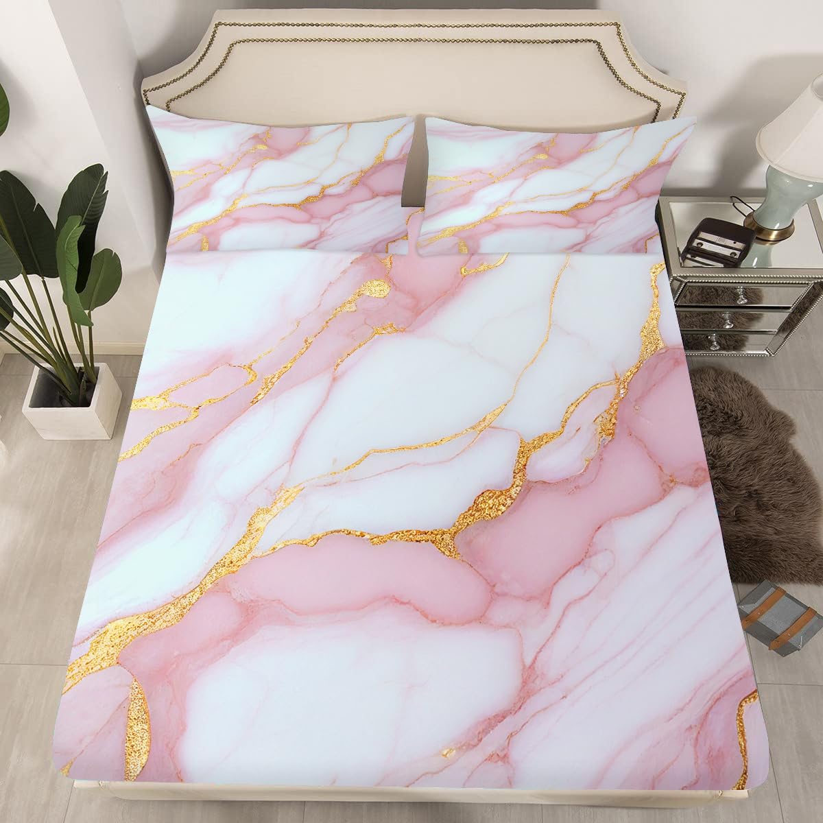 FUYEUN Pink Marble Sheets Set Twin Size Aesthetic Marbling Kids Bedding for Girls Teens Bedroom Bed, Chic Fitted Sheets Bedspread Set,1 Flat Sheet 1 Fitted Sheet 1 Pillowcase