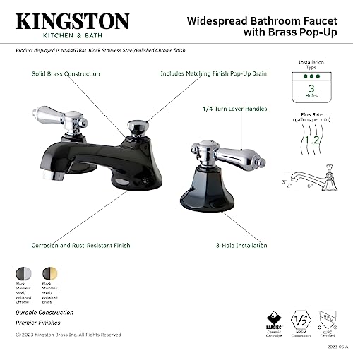 Kingston Brass NS4469BAL Water Onyx Widespread Lavatory Faucet with Brass Pop-up Drain, Black Stainless Steel with Polished Brass Trim