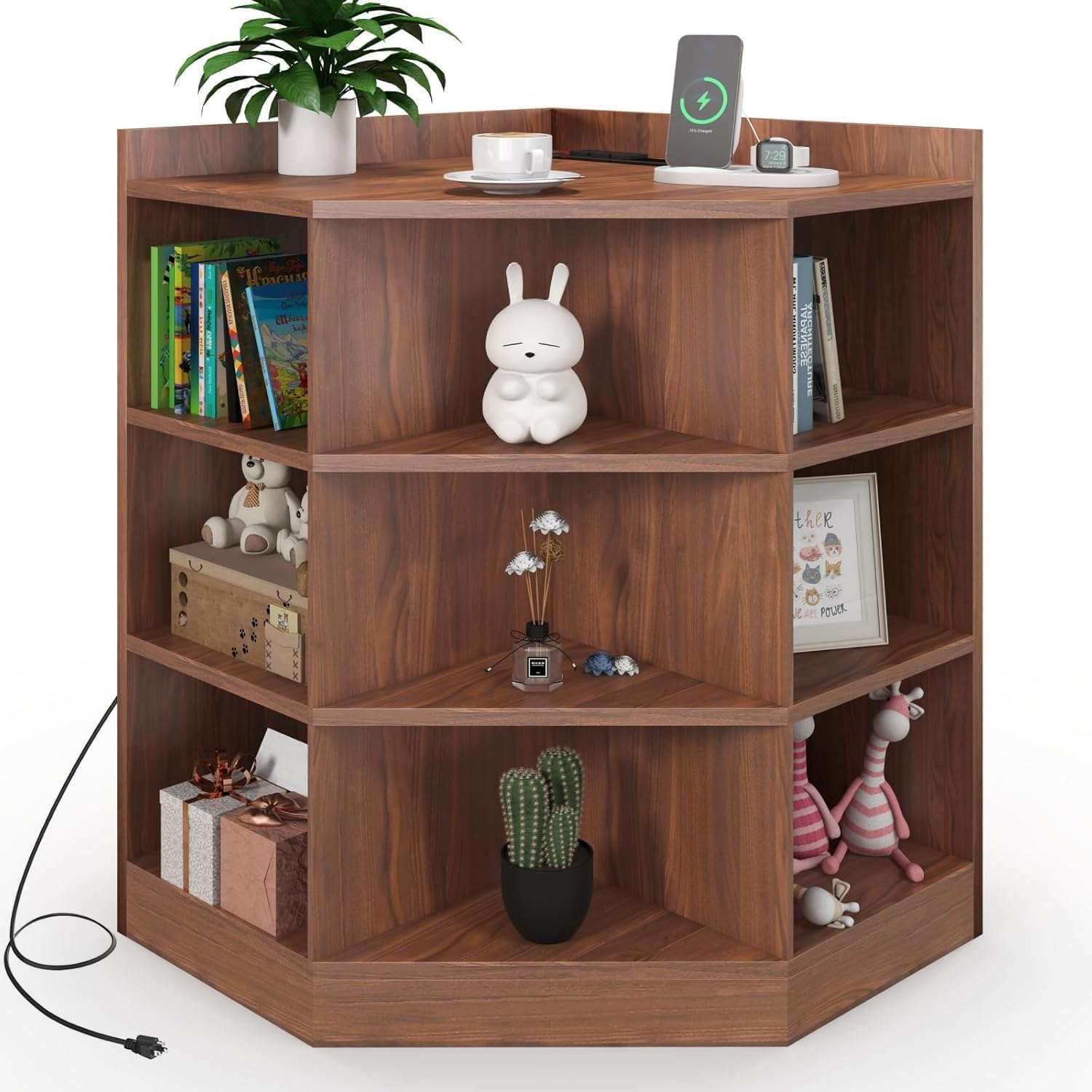 EvaStar Corner Shelf Cabinet with Charging Station, 9-Cubby Corner Bookshelf, Bookcase, and Table, Compact Corner Cube Storage & TV Stand for Small Spaces, Black