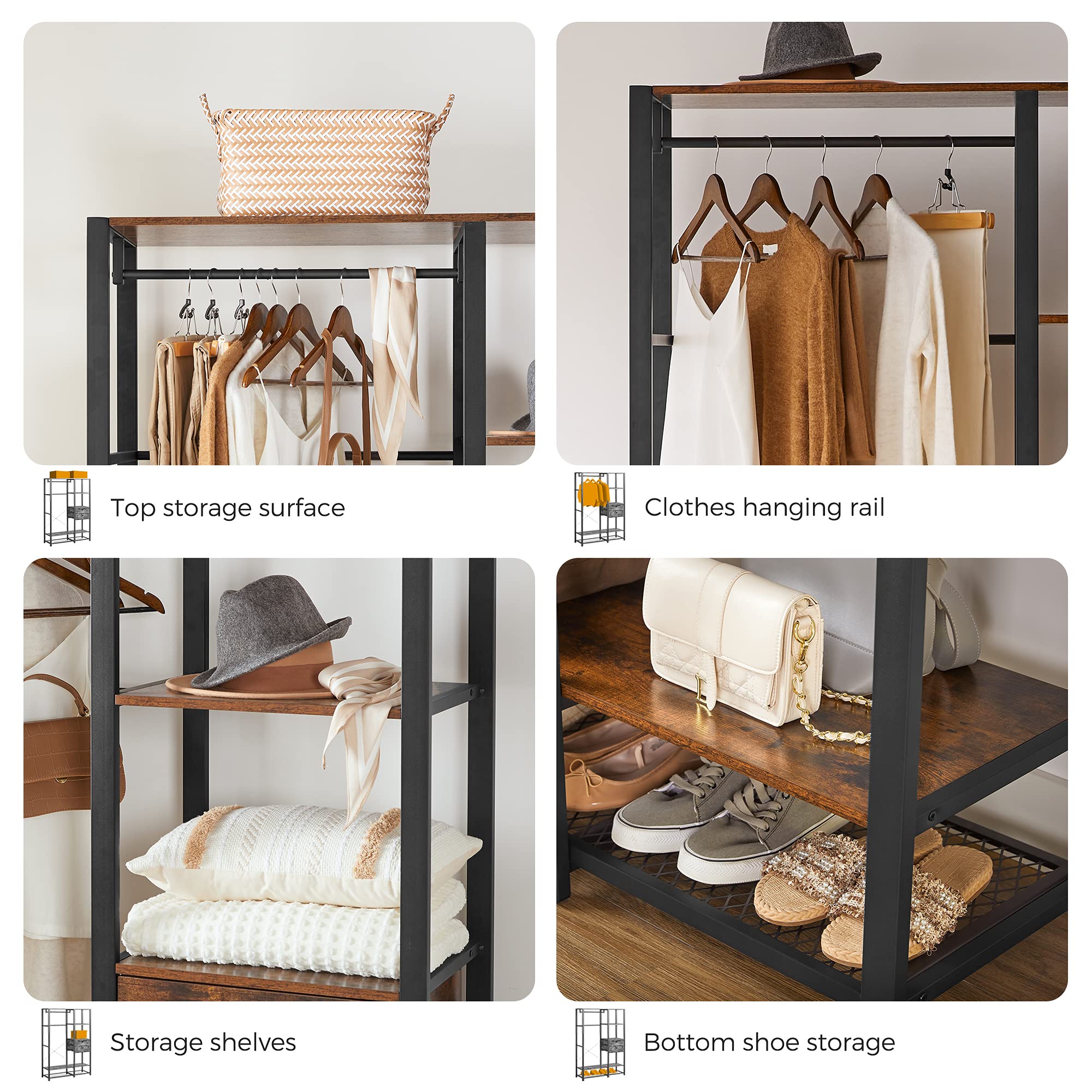VASAGLE Free Standing Closet Organizer, Clothes Rack, Closet Organizer and Storage Shelves, Hanging Rod, 2 Drawers, Industrial Style, Rustic Brown and Black URGR001B01