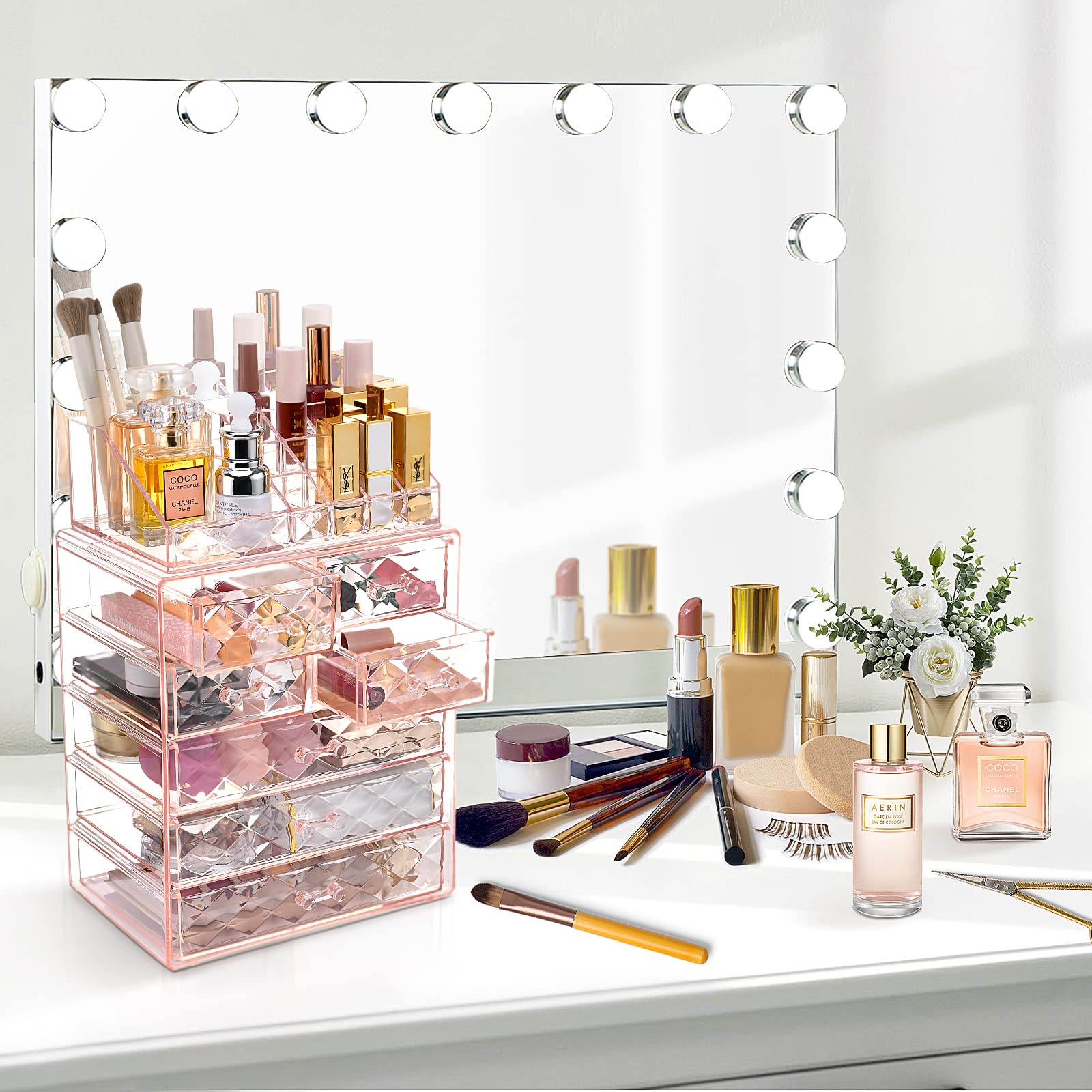 COMVTUPY Clear Makeup Organizer with Brush Holder, Large Acrylic Cosmetic Display Jewelry & Make Up Organizers and Storage for Vanity, Bathroom (3 Large, 4 Small Drawers, Diamond Pink)