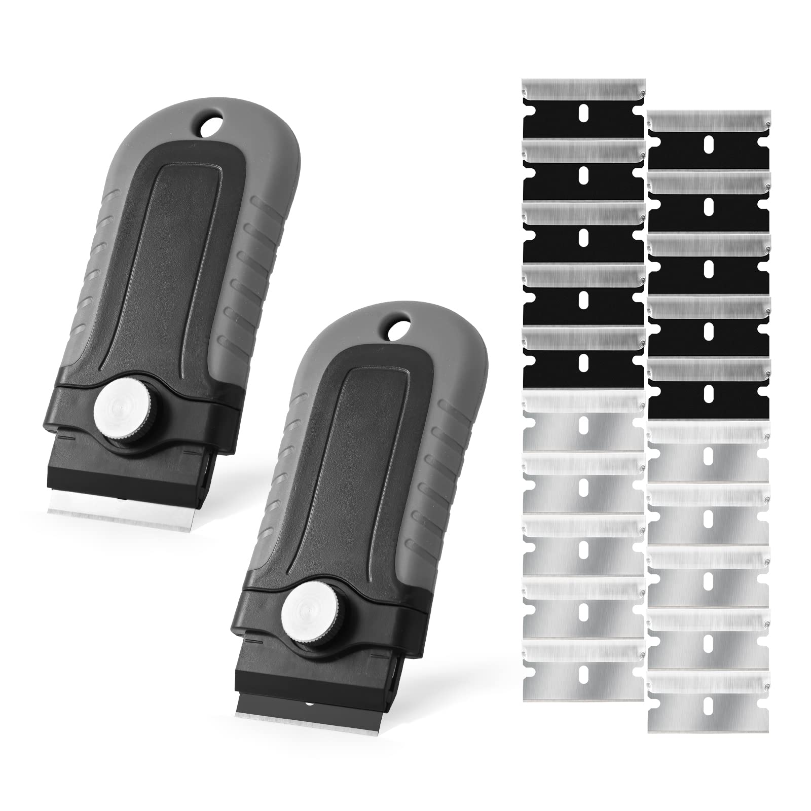 FOSHIO 2 Pack Red Razor Blade Scraper with 20PCS Extra Razor Blades, Stainless Steel & Carbon Steel Single Edge Razor Blade Scraper Tool for Decals, Stickers, Labels, Caulk, Adhesive, Paint Removal