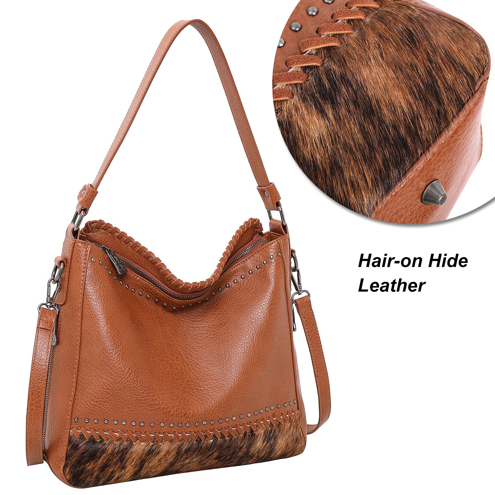 Cowhide Fur Dual Sided Concealed Carry Handbag Genuine Leather Hair on Hide Hobo Purse Brown Shoulder Bag TR123G-918BR