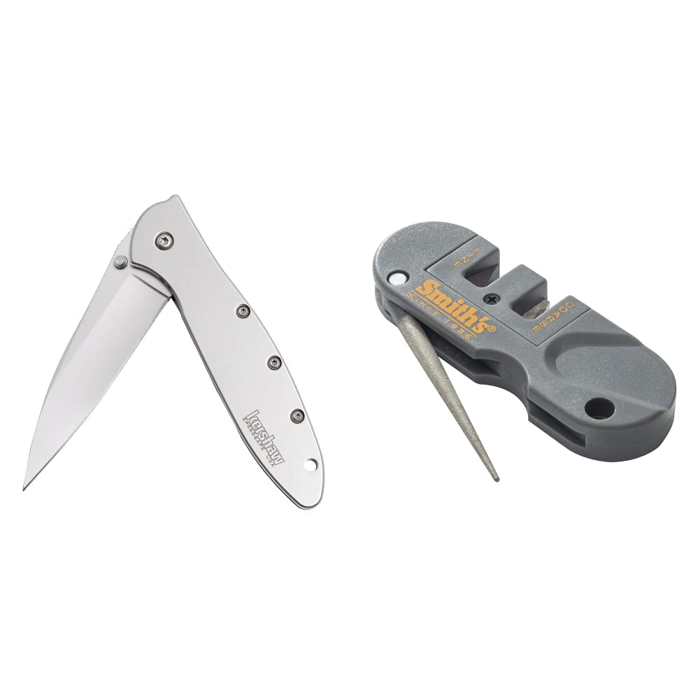 Kershaw Leek Pocket Knife (1660) 3-In. Sandvik 14C28N Blade and Stainless Steel Handle, 3 oz. & Smith’s PP1 Pocket Pal Knife Sharpener Preset Carbide & Ceramic Stone Sharpeners