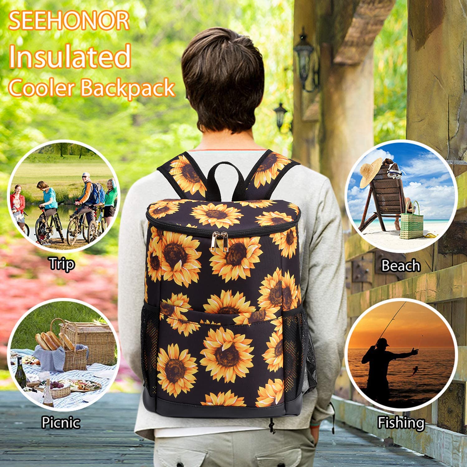 Cooler Backpack Women Sunflower Leak Proof Backpack Cooler Bags Lightweight Soft Lunch Backpack with Cooler Compartment,Wine Cooler for Hiking Camping,24 cans…