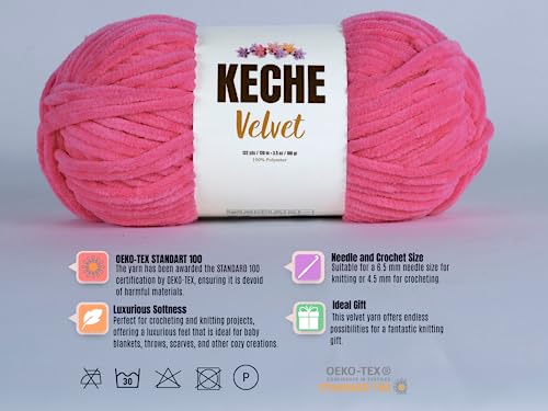 Keche Velvet Yarn for Crocheting, Soft Chenille Bulky Baby Blanket Amigurumi Yarn 100 gr (132 yds) - Hot Pink