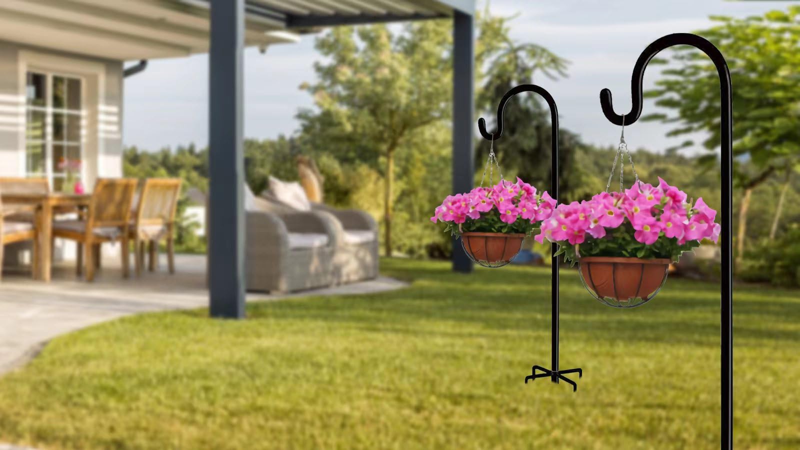 Garden Shepherd Hook Outdoor with 5 Prong Base, Bird Feeder Pole Hanger Holder Stand, Adjustable Heavy Duty Solar Light Plant Lantern Hanger Holder, Wedding Decor Black