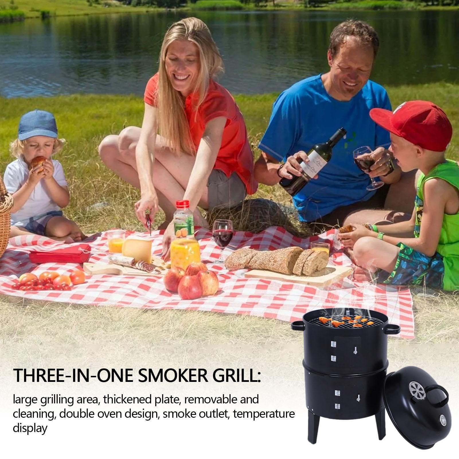 Charcoal BBQ Smoker, Enhanced Flavor BBQ Smoker, Fire Adjustment Smoker Grill with Three Dimensional Technology, 33.07 Inch Height Outdoor BBQ, Double Deck BBQ Smoker for Outdoor Cooking