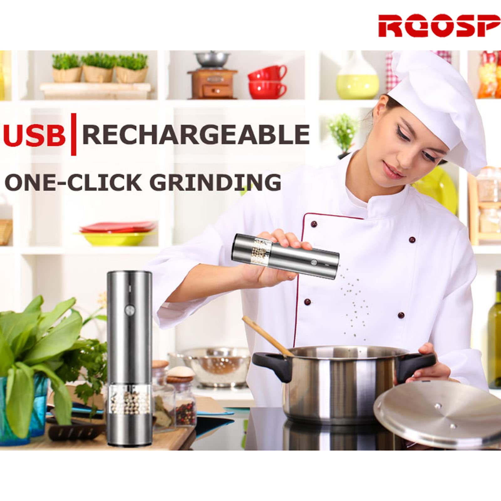Electric Salt or Pepper Grinder, Rechargeable Stainless Steel Automatic Pepper Mill with Light, Adjustable Coarseness, Ceramic Core, One Touch Operation, Refillable, No Battery Needed