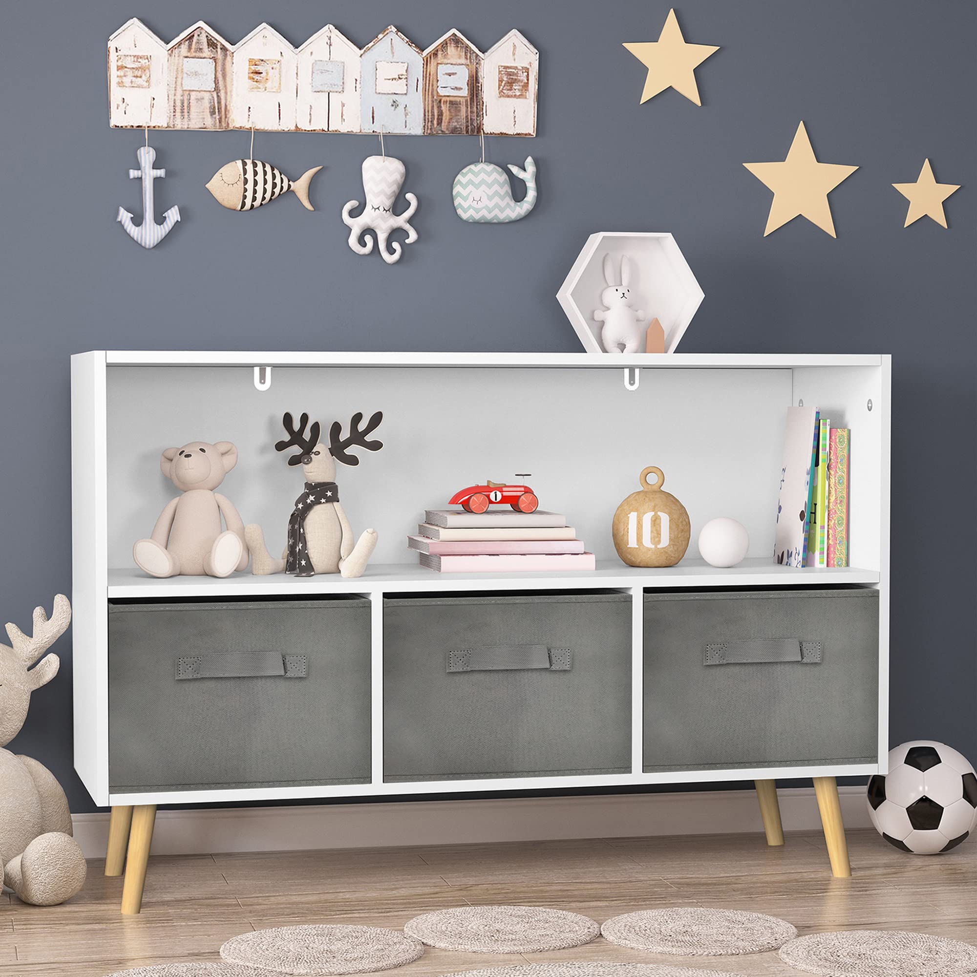 Kids Bookcase and Bookshelf Multi Shelf Cubby with 3 Collapsible Fabric Drawers Kid's Book and Toy Display Rack Toy Storage Cabinet Organizer for Playroom Nursery Children's Room School, White+Grey