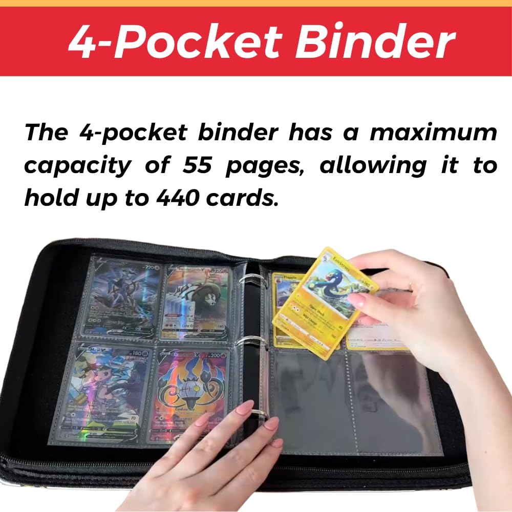 Card Binder 4-Pockets, Trading Card Holder 440 Pockets with 55 Sleeves, Zipper Carrying Case, Card Binder Folder, Perfect Gifts for Child