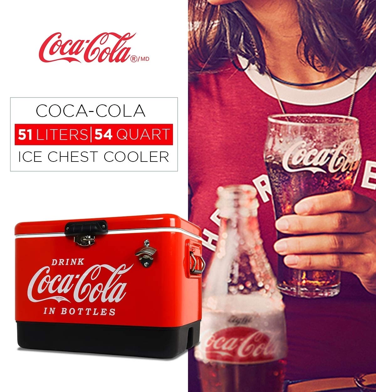 Coca-Cola Ice Chest Beverage Cooler with Bottle Opener, 51L (54 qt), 85 Can Capacity Portable Cooler, Red and Black, for Camping, Beach, RV, BBQs, Tailgating, Fishing