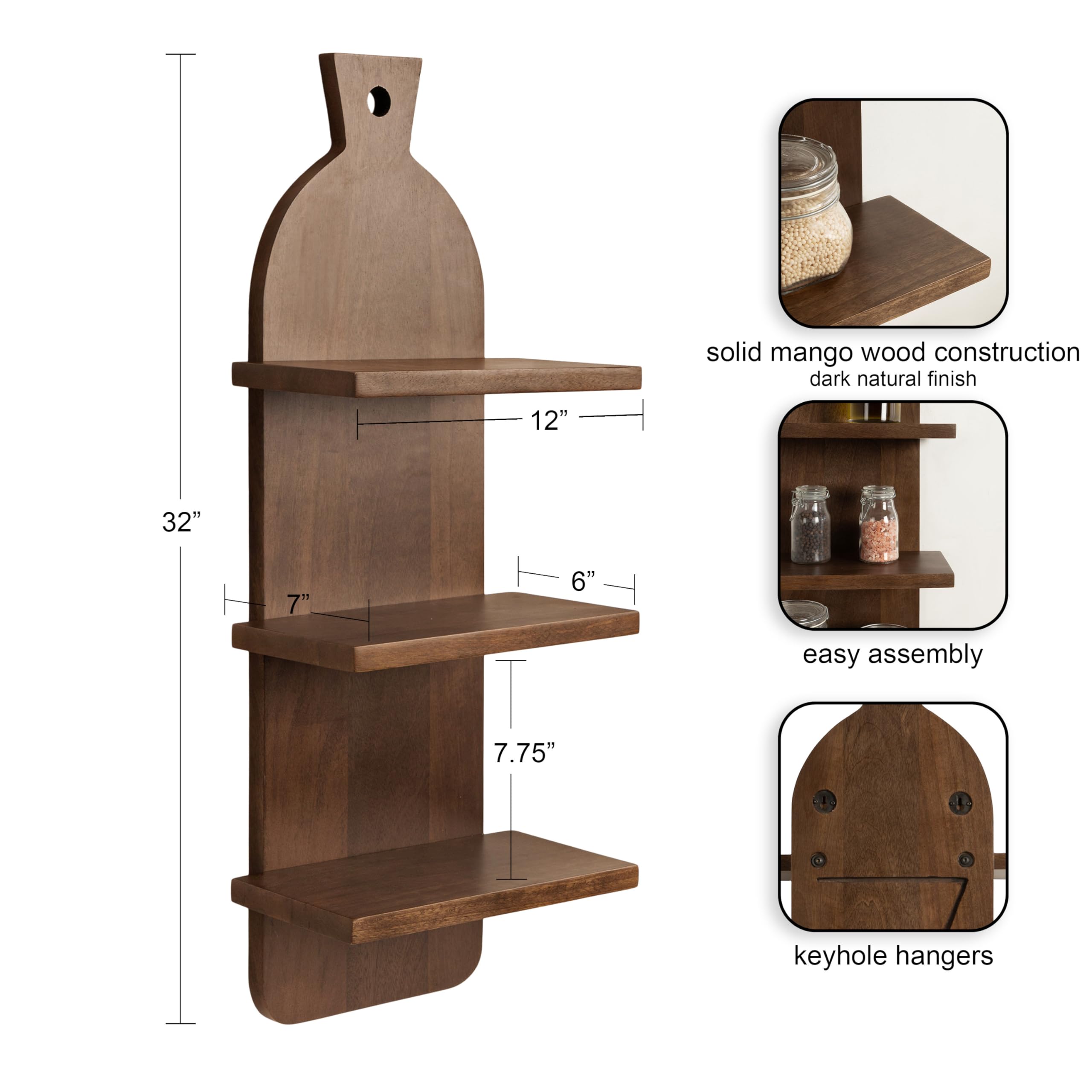 Kate and Laurel Braxton Modern Farmhouse Three-Tier Wall Shelf, 12 x 7 x 32, Natural Brown, Transitional Tiered Wood Display Shelf for Kitchen Spice Rack