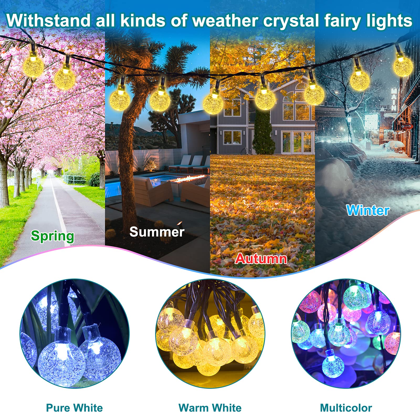 TYNLED Crystal Globe String Lights Outdoor, 60LED 36Ft Waterproof Solar String Fairy Lights Globe Crystal Balls Lighting for Home Garden Yard Patio Christmas Decoration