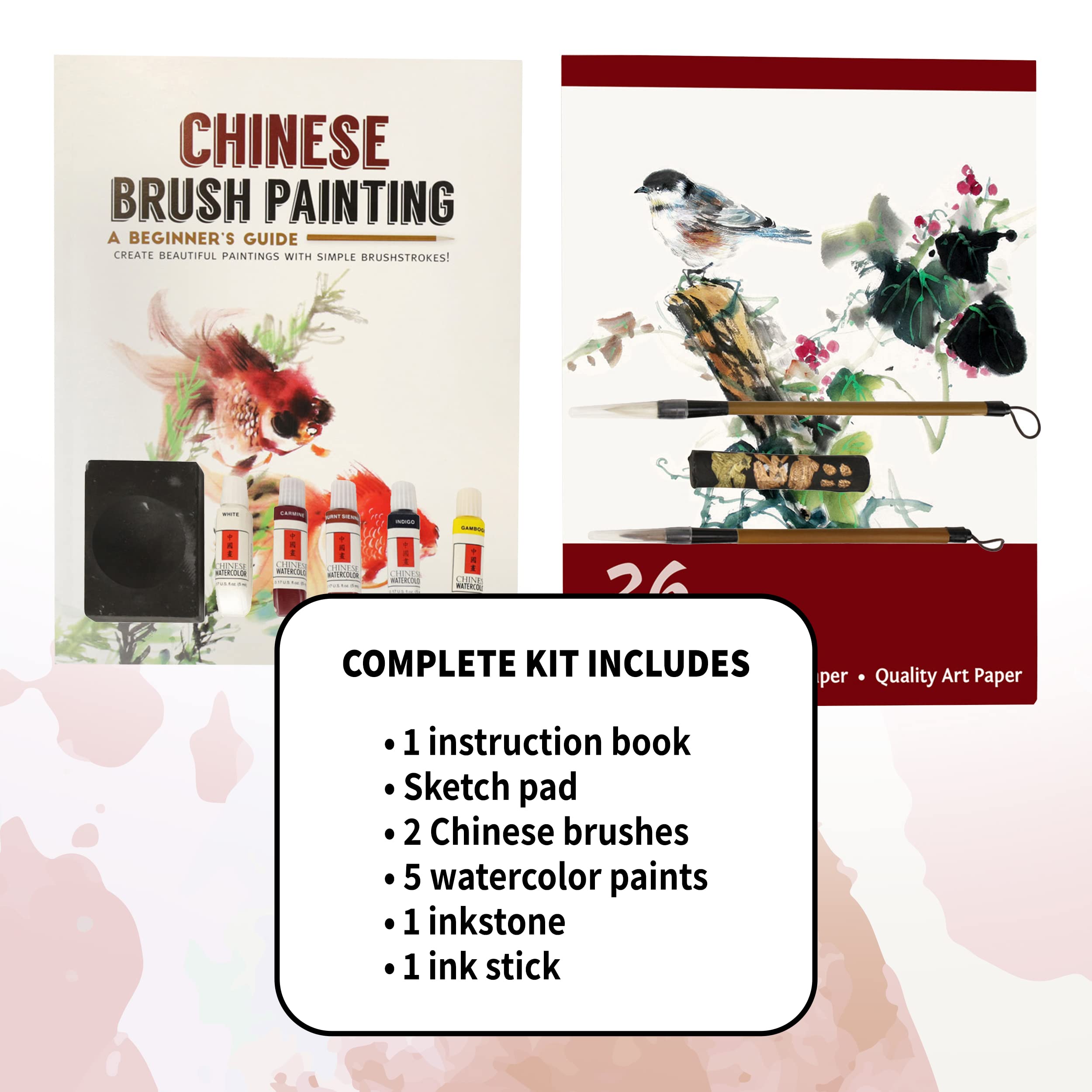 SpiceBox Masterclass Chinese Brush Painting Kit for Adults, DIY Learn to Paint Arts and Crafts Hobby Set, Includes Watercolor Paints, Book, Paintbrushes, Ink Stone, Ink Stick, Sketch Pad
